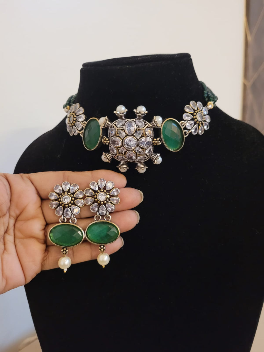 Green Stone Choker Diamond Necklace Set | Gemzlane